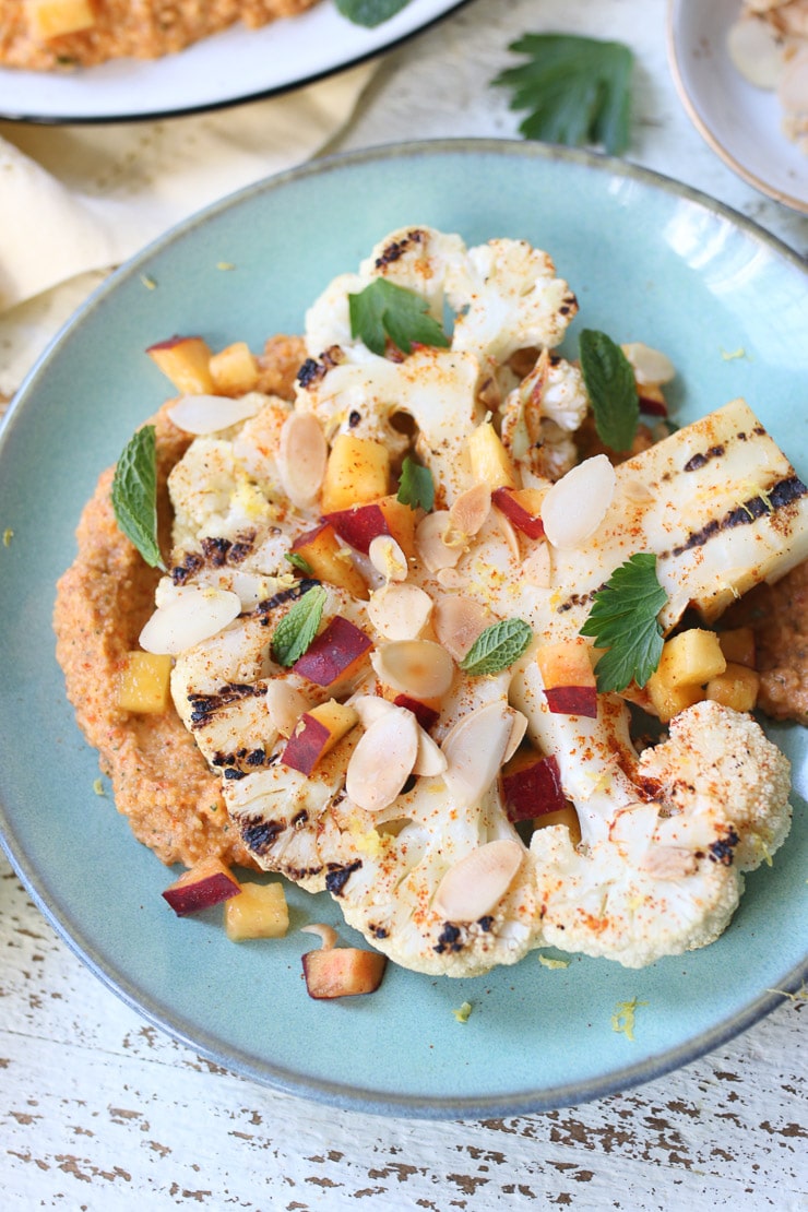 Vegan Grilled Cauliflower Steak Recipe with Peach Romesco Sauce - Abbey ...