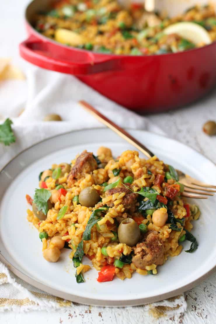 Healthy Vegan Paella with Chickpeas & Veggie Sausage - Abbey's Kitchen