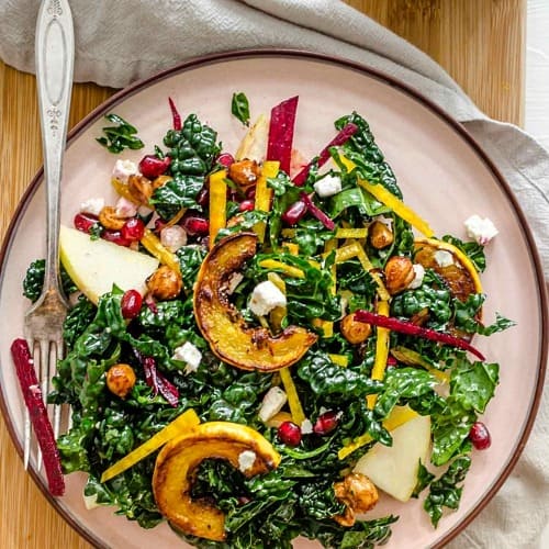 Sweet Kale Salad Recipe with Squash and Candied Hazelnuts - Abbey's Kitchen